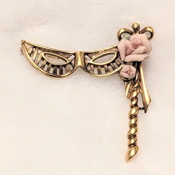 Vintage | Jewelry | Vintage Gold Masquerade Mask Pink Roses Brooch ...